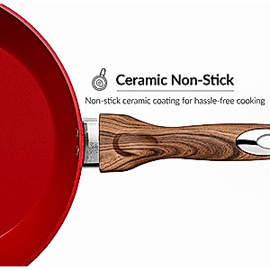 Phantom Chef 11" Deep Frypan 5 Qt Wok | Aluminum Body Non-Stick Ceramic Coating | With Soft Touch Stay Cool Handle | Dishwasher Safe | Non-Toxic PFOA & PTFE Free (Red)