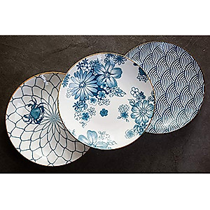 YALONG Ceramic Japanese Dinner Plates Set 7 Inch Appetizer Shallow Plates Serving Lunches, Cheese Salad, Dessert Set of 4 Assorted Motifs Microwave & Dishwasher Safe