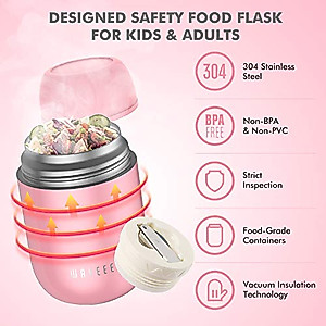 Insulated Food Jar WayEee Vacuum Bento Box Lunch Containers 16 oz for Kids Adults, Stainless Steel Leak Proof Wide Mouth Food Soup Thermos with Spoon Keeps Food Hot Cold for School Travel Picnic -Pink