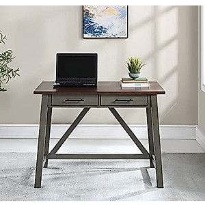 OSP Home Furnishings Milford Rustic 42 Inch Writing Desk with 2 Drawers and Burnished Decorative Hardware, Slate Gray