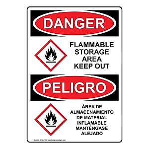 ComplianceSigns.com DANGER Flammable Storage Area Keep Out English + Spanish OSHA GHS Safety Sign, 10x7 in. Plastic for Hazmat Restricted Access
