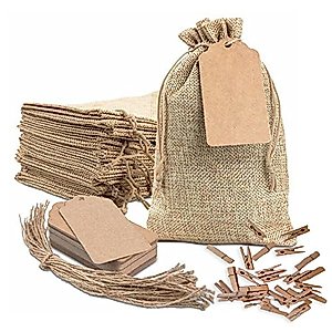 25 Burlap Drawstring Bags, Burlap Bags, Burlap Sack, 25 Mini Wooden Clothespins and 25 Tags, Small Hessian Bags, Hessian Sac Large, Hessian Gift Bags, 4 x 6inch Bags, For Gifts And Favors