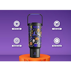 Meoky 40 oz Halloween Tumbler with Handle and Straw, Glow in the Dark Insulated Water Bottle, Stainless Steel Travel Mug, Keeps Cold for 34 Hours, Fits in Car Cup Holder (Haunted Pumpkin)
