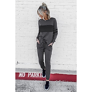 PRETTYGARDEN Women's Color Block 2 Piece Tracksuit Crewneck Long Sleeve Tops Long Sweatpants Outfits Lounge Sets(Dark Grey,Medium)