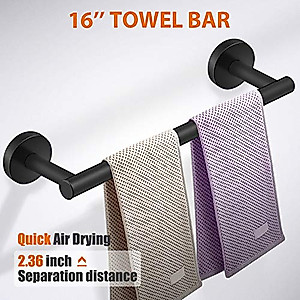 Tudoccy 5-Pieces Matte Black Bathroom Hardware Set SUS304 Stainless Steel Round Wall Mounted - Includes 16" Hand Towel Bar, Toilet Paper Holder, 3 Robe Towel Hooks,Bathroom Accessories Kit