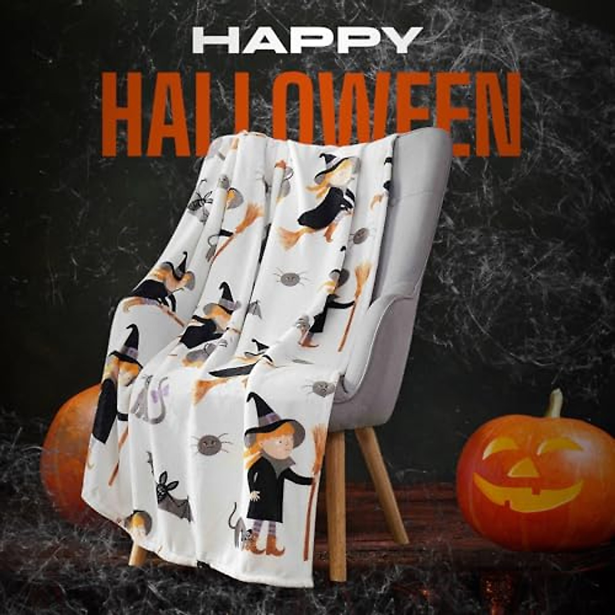 Halloween Throw Blanket: Cute Girl Witch with Faithful Cat Surrounded by Spiders and Bats Print on Fuzzy Soft Velvet Fleece Throw Blanket