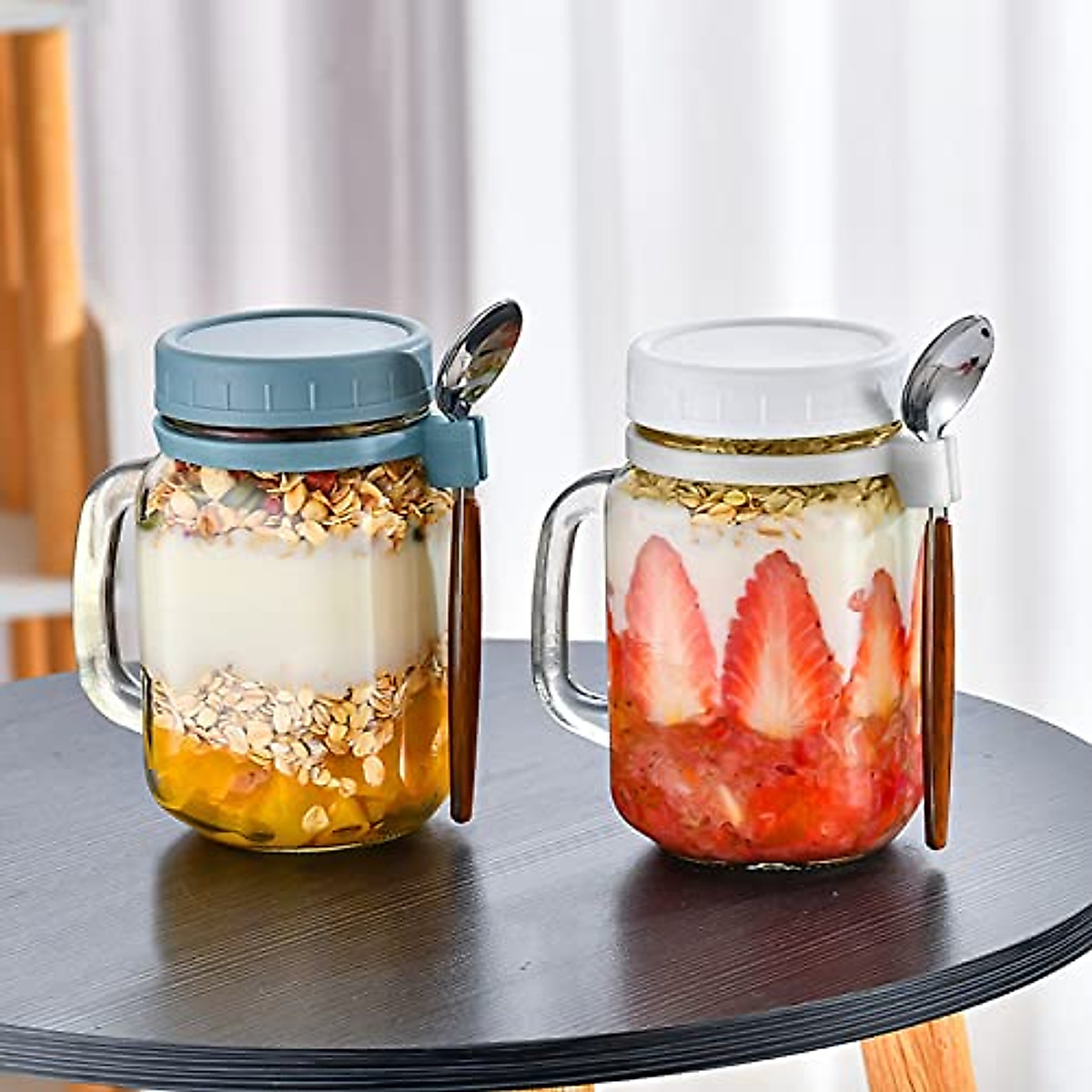 Neegaurd 2 Pack Overnight Oats Containers with Lid and Spoon, 16 Oz Large Glass Overnight Oats Jars with Portable Handle, Reusable Airtight Glass Oatmeal Cups for Cereal Yogurt and Parfait