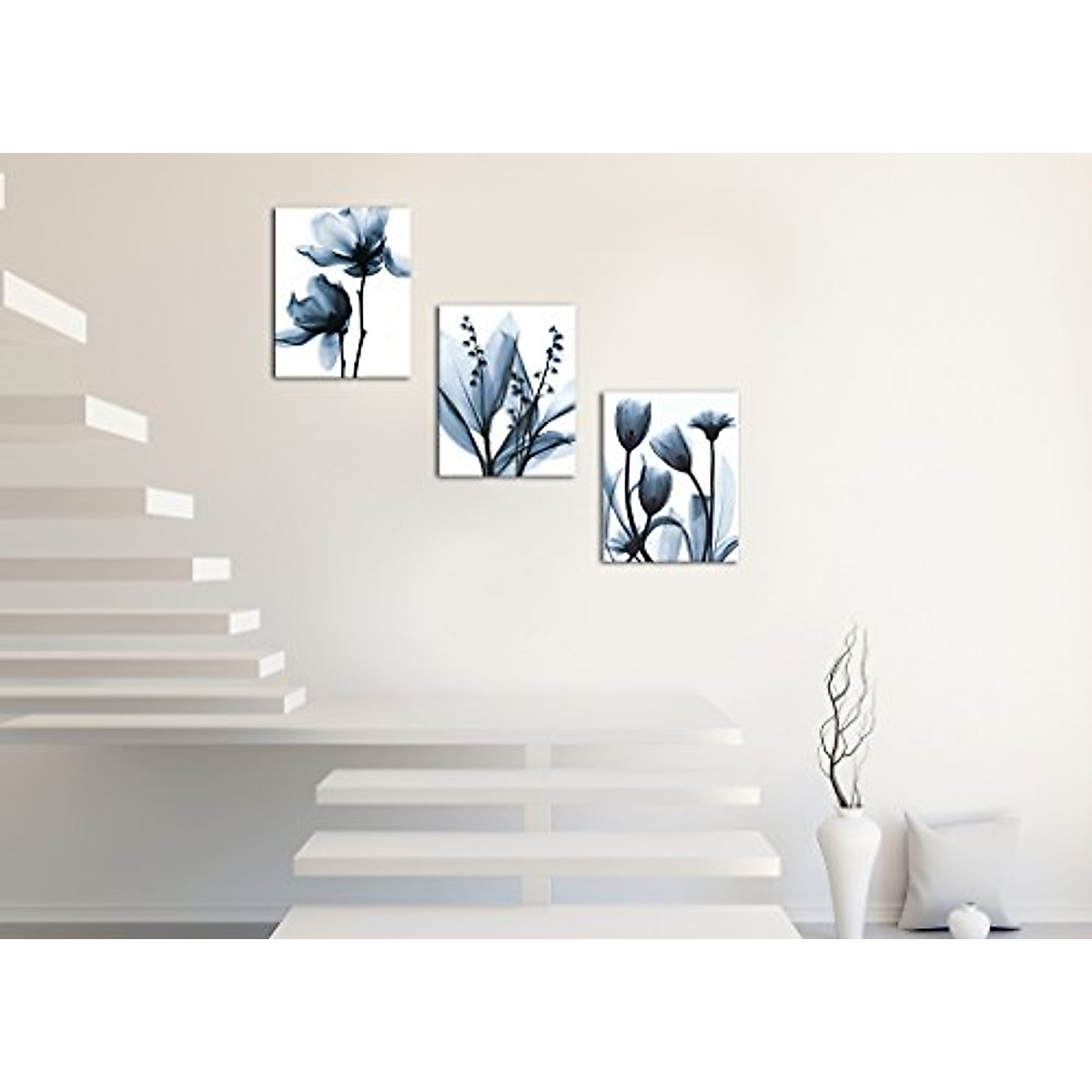 sechars - Modern Canvas Art Wall Decor,Blue Flower Picture Printed on Canvas Painting,Abstract Floral Artwork Bedroom Decoration,Stretched and Framed Ready to Hang