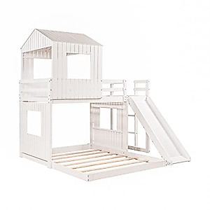 MERITLINE House Bed Bunk Beds with Slide Twin Over Full Size Bunk Bed Frame with Slide,Wooden Playhouse - Design Slide Bunk Beds Twin Over Full Bunk for Boys and Girls