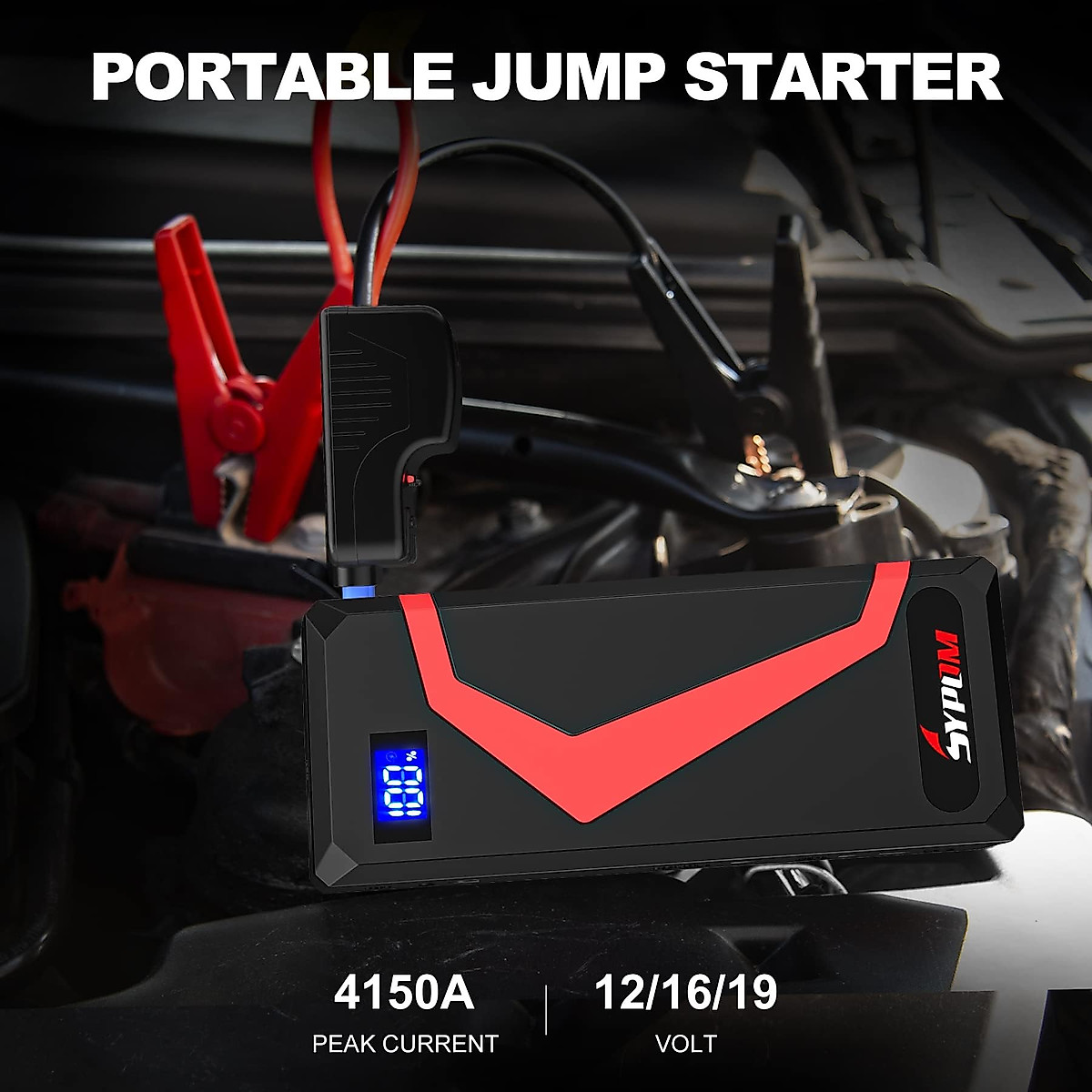 SYPOM 4150A Peak Jump Starter Battery Pack - 12V Jump Box for All Gas/Up to 12L Diesel - Dual USB Power Bank, Emergency Light (Red)