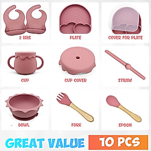 Mishall Baby Feeding Set – 10-Pcs Baby Heavy-Duty Supplies Set with Suction Plates, Bowls, Fork, Spoon, Baby Bibs – Food-Grade Silicone Utensil Set – Self-Feeding Supplies for Babies and Toddlers-Pink