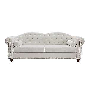 kevinplus 81'' Chesterfield Sofa Couch for Living Room, Modern Classic 3-Seat Upholstered Tufted Rolled Arm Fabric Sofa Couch for Apartment Bedroom Office, Solid Wood Leg, White