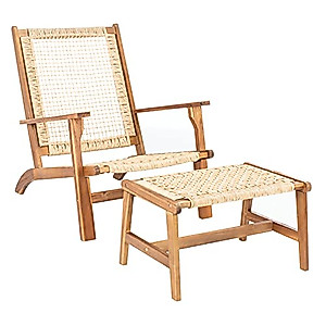 Safavieh Outdoor Collection Chantelle Acacia Wood/Light Brown Woven Rattan 5-Piece Patio Set PAT7076A, Natural/Natural