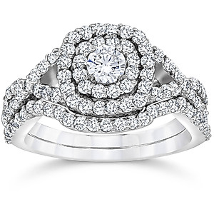 10k White Gold 1 1/10Ct TW Round-Cut Natural Diamond Engagemement Ring Cushion Double Halo Matching Wedding Band Anniversary Prong Set Band