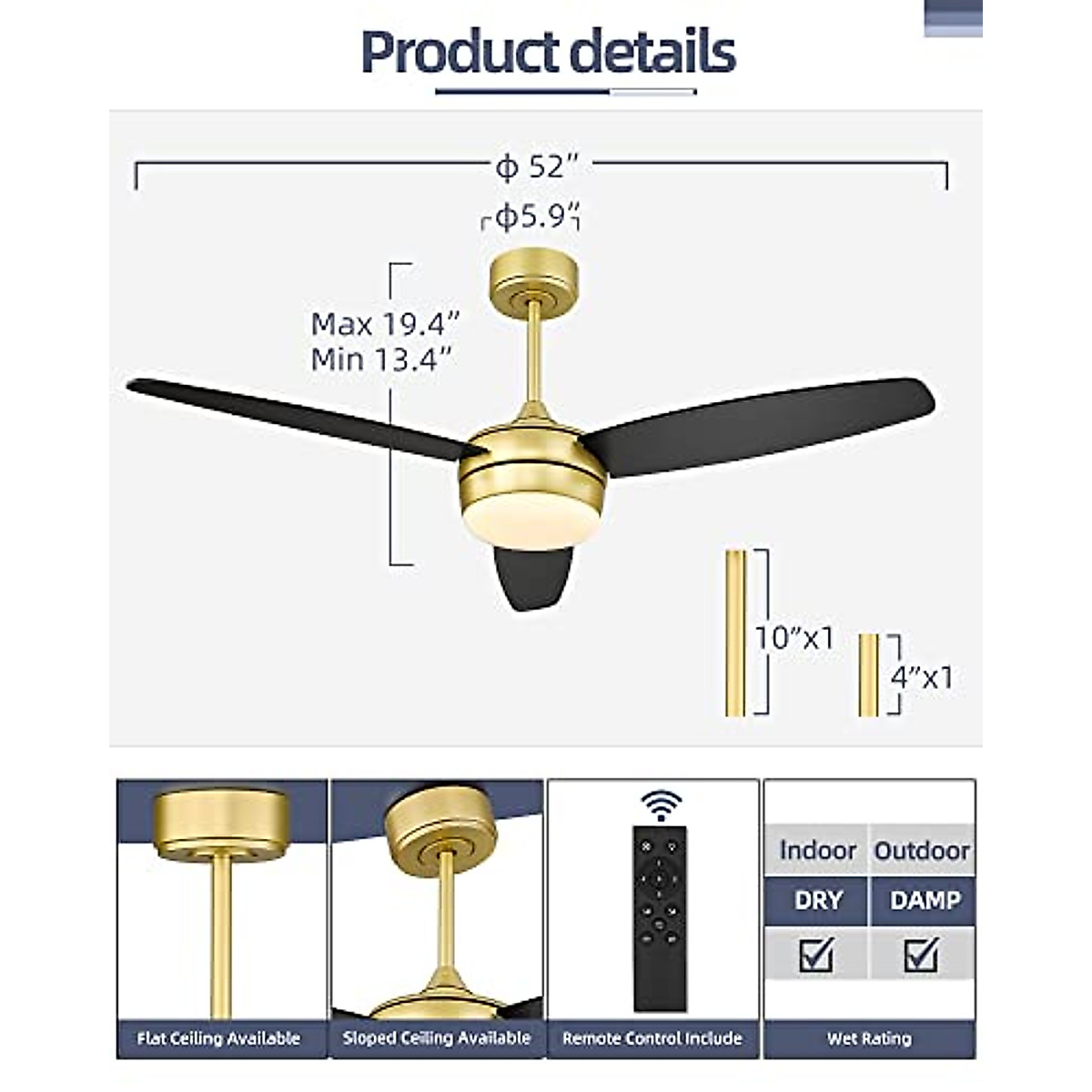 YOUKAIN Modern Ceiling Fan, 52 Inch Gold Ceiling Fan with Light and Remote Control, LED Ceiling Fan with 3 Matte Black Blades for Living Room, Bedroom, Bathroom, 52-YJ273-BK