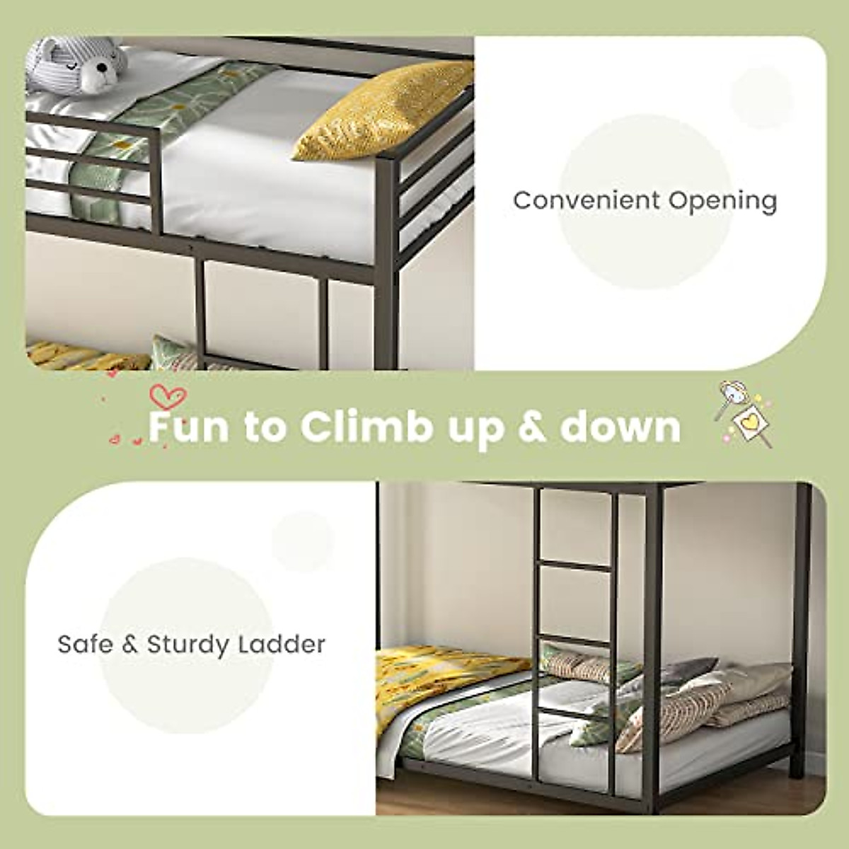 Giantex Metal Bunk Bed Twin Over Twin, Low Profile Bunk Bed Frame with Ladder & Full Length Guardrail, Space-Saving Twin Size Bed Frame for Kids Teens, No Box Spring Needed, Black