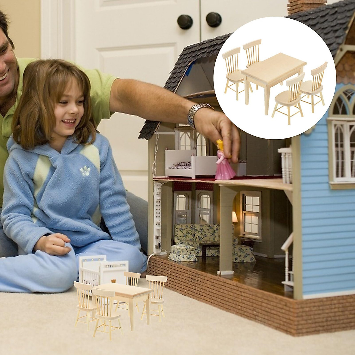 Dollhouse Miniature Dining Table Chair Wooden Furniture Set Miniature Figurines for Kids Decor Ornament Dark Red