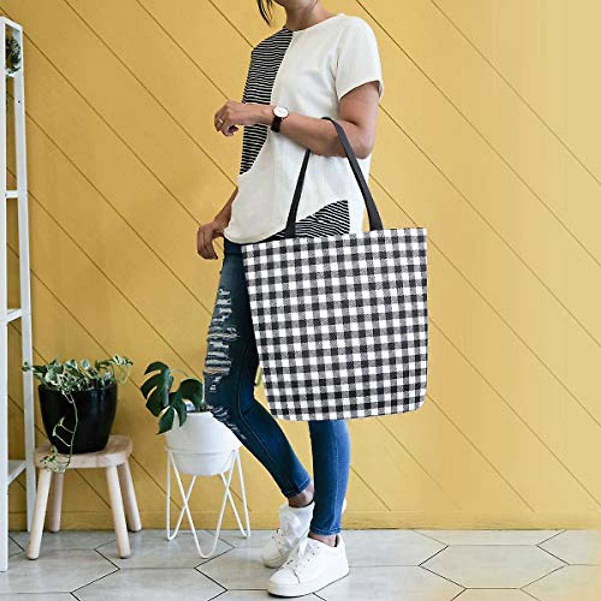 ALAZA Black Plaid Large Canvas Tote Bag for Women Girls