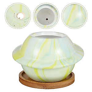 African Violet Pots Ceramic Succulent Planters with Drainage 1 Set Round Ceramic Bonsai Pot Shallow Flower Pot with Wood Tray Floral Planter Bowl for Home Office Garden Green Home Decor