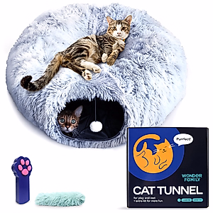 Cat Tunnel Bed – Cat Donut Tunnel Combining Cat Bed, Peekaboo Cat Cave, & Cat Tube – Cat Cave Bed with Cat Toys for Indoor Cats Included – Cat Tunnels for Indoor Cats Large, 1 Lazer Paw, 1 Ball