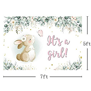 MEHOFOND 7x5ft Bunny Girl Baby Shower Party Decor Backdrop It's A Girl Banner Spring Easter Pink Floral Butterfly Rabbit Eucalyptus Leaves Photography Background Photobooth Props