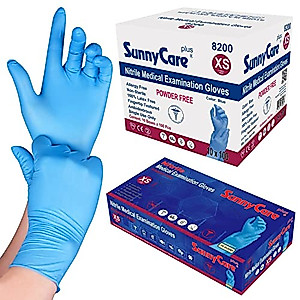 1000Pcs SunnyCare 8200 Blue Nitrile Medical Exam Gloves Powder Free Chemo-Rated (Non Vinyl Latex) 100/box;10boxes/case Size: X-Small