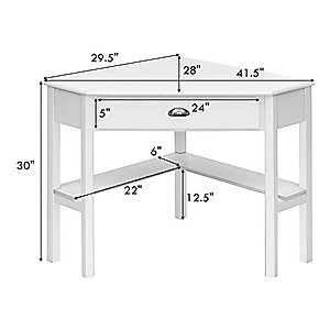 Tangkula White Corner Desk, Corner Computer Desk with Drawer for Small Space, Small Corner Makeup Vanity Desk, 90 Degrees Triangle Corner Desk with Storage Shelves