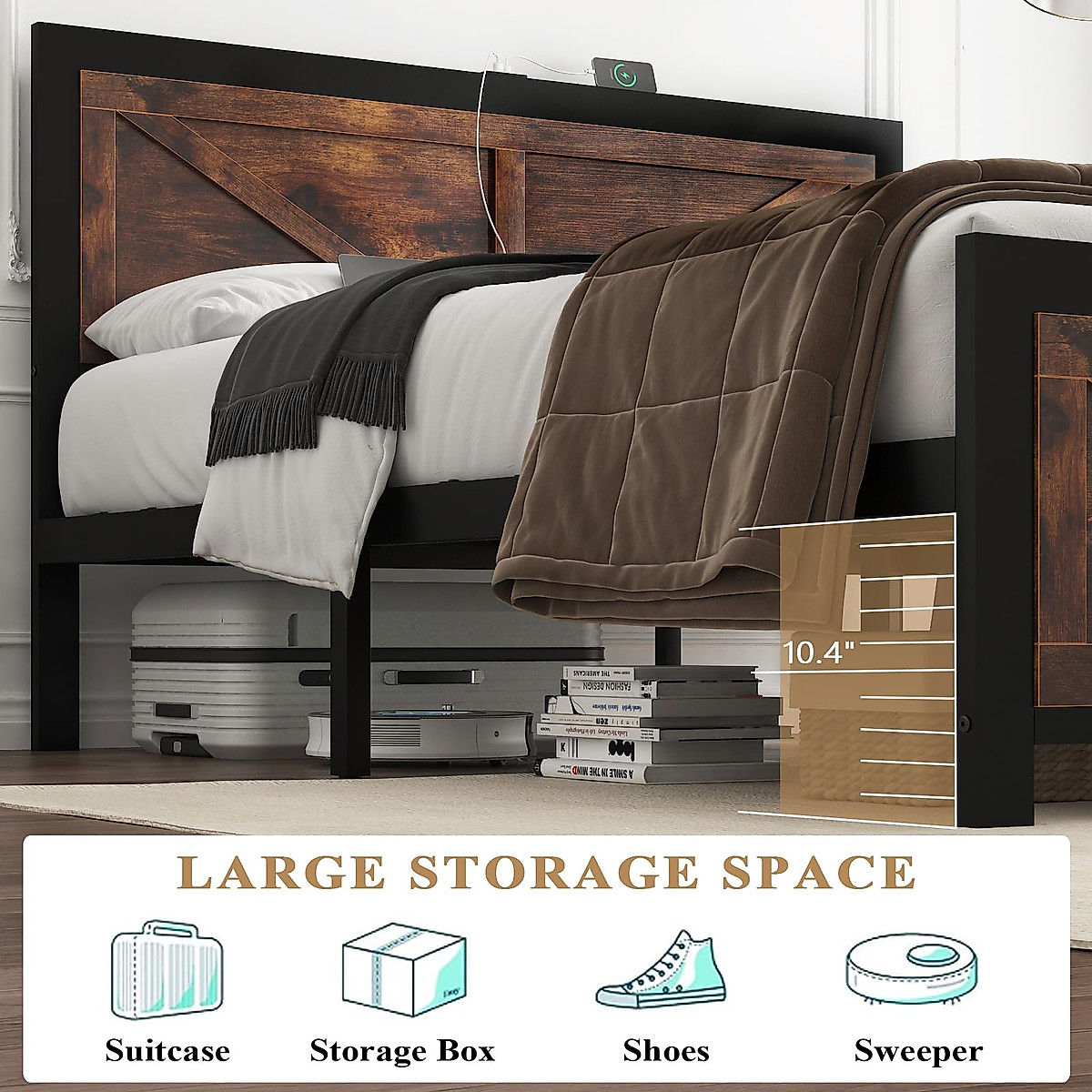 DOGIBIXO Led Bed Frame King Size with Charging Station, Industrial Platform Bed Frame with Rustic Barn Door Wood Headboard, Strong Metal Slats Support, Noise Free, No Box Spring Needed, Brown