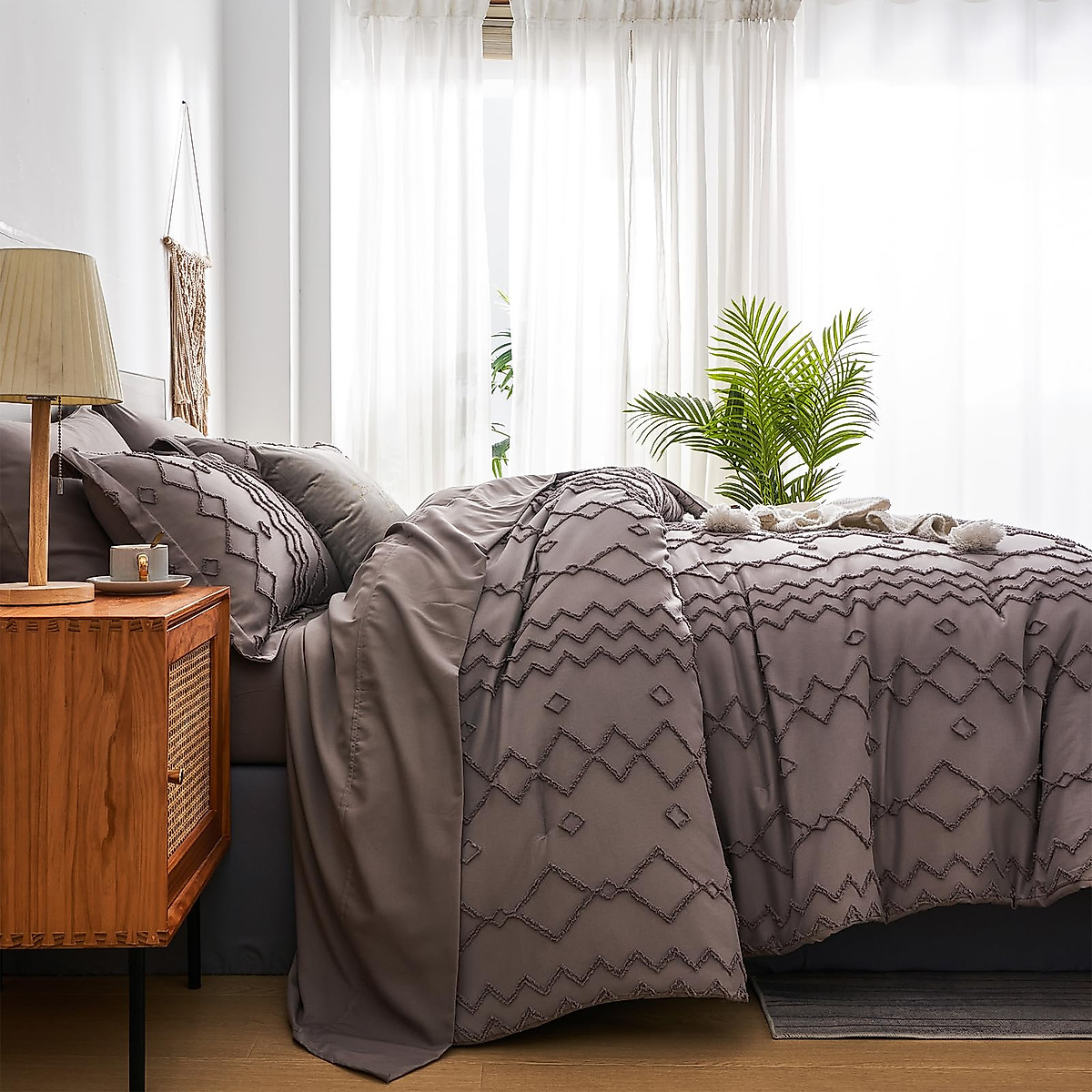 FLYMME Taupe Tufted Twin Comforter Set Bed in a Bag 7 Piece,Boho Shabby Chic Farmhouse Bedding Comforter with Sheets,Soft Lightweight Geometric Embroidery Comforter (Taupe, 68''x 86'')