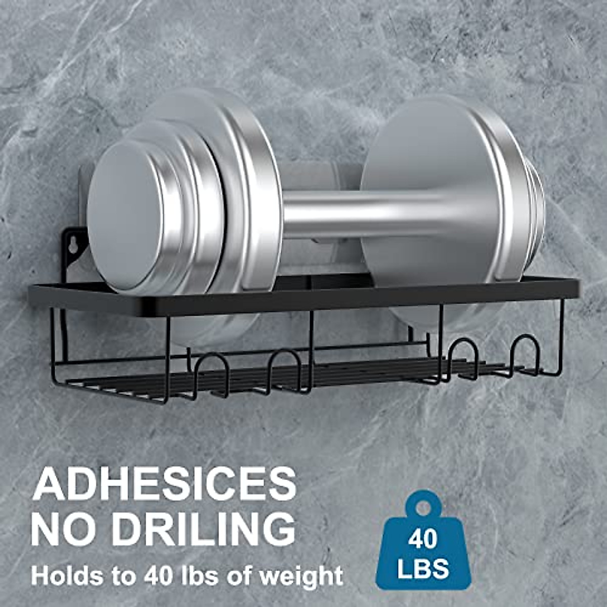 AucrBoa 6 Pack Shower Caddy Bathroom Shelf with Hair Dryer Holder, and Towel bar and Soap Dishes, No Drilling Traceless Adhesive Wall Mounted Bathroom Storage Organizer Basket with Hooks,Black