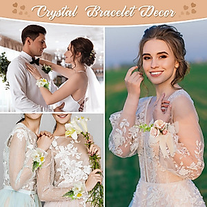 Junkin 6 Packs Corsage Bracelet Wrist Corsage Rhinestone Elastic DIY Wrist Rhinestone Bracelet Accessories for Wedding Decor Prom Ceremony Anniversary Bridal Shower Party(Gold)