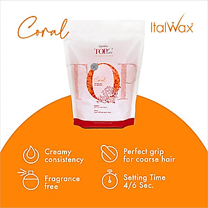 Italwax Top Line Coral - 750g / 1.65lb - Hard wax beads for hair removal - Unscented - Synthetic formulation ideal for sensitive skins - Recommended for Bikini Area and Armpits