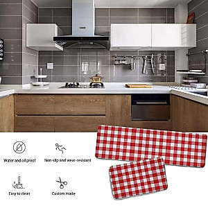 2 Pcs Durable Kitchen Rug Set Washable Fatigue Cushioned Doormat Carpet Red Gingham Checkered Buffalo Plaid Non-Slip Kitchen Mats and Floor Rugs Area Runner Rugs 17.7"x59"+17.7"x29.5"