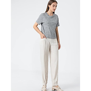 Minibee Women's New Cotton Linen Tapered Cropped Pants Elastic Waist Trousers Beige-XL