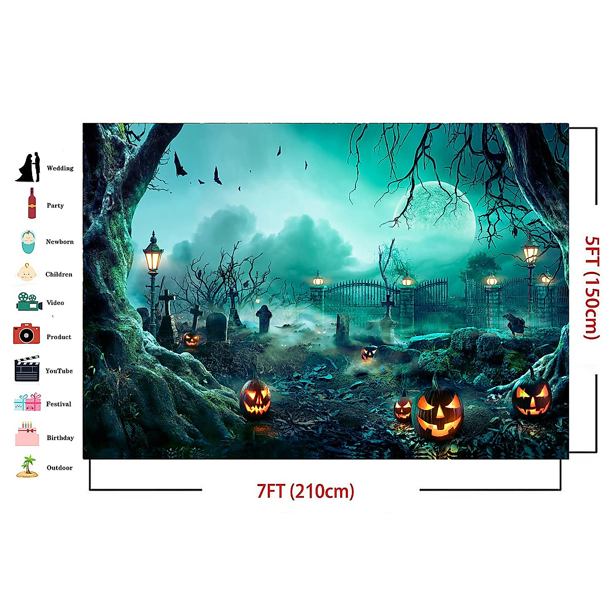 Dudaacvt 7X5FT Halloween Backdrop Horror Moon Night Scary Cemetery Pumpkin Lantern Backdrop for Halloween Kids Adult Family Party Birthday Banner Decor Halloween Photo Backdrop D612
