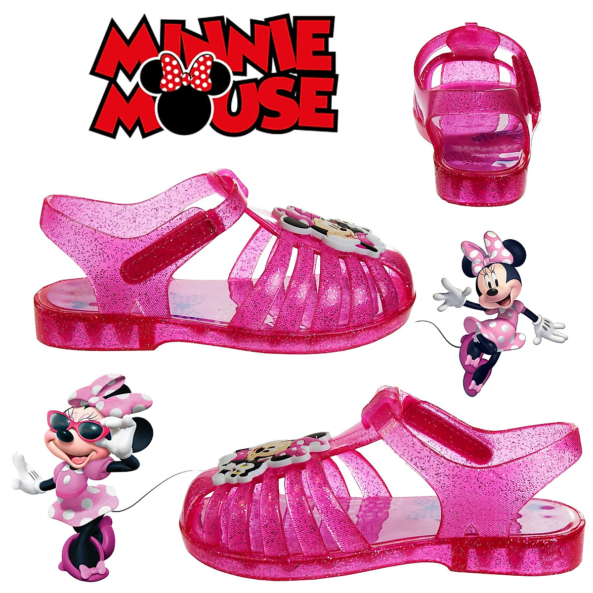 Disney Minnie Mouse Jelly Sandals - Slip On Slides Water Pool Beach Sandal for Girls - Pink Glittler (size 10 Toddler)