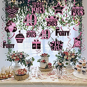 40th Birthday Decorations Women, 45pcs Happy 40 Birthday Party Supplies, 1983 40th Birthday Hanging Swirls for Her, Pink Dangling Spinners Foli Decor, Forty Years Old Bday Ceiling Party Favors