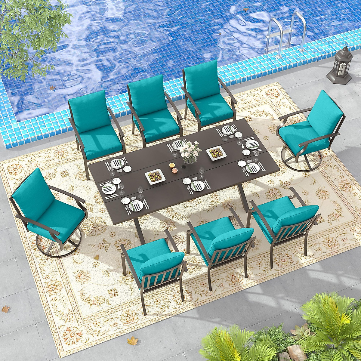 RTDTD 9 Pieces Outdoor Dining Set Patio Dining Table and Chairs Set Outdoor Furniture Set with 1 Rectangular Metal Dining Table with Umbrella Hole, 8 Patio Chairs with Blue Cushions