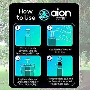 Aion Outdoor Fly Traps with Natural Bait Attractant and Hanging Hooks for Trapping Fruit and Horse Flies, Gnats, and Flying Insects or Bugs, Patio, Camping, and Backyard Disposable Catchers, 2 Pack