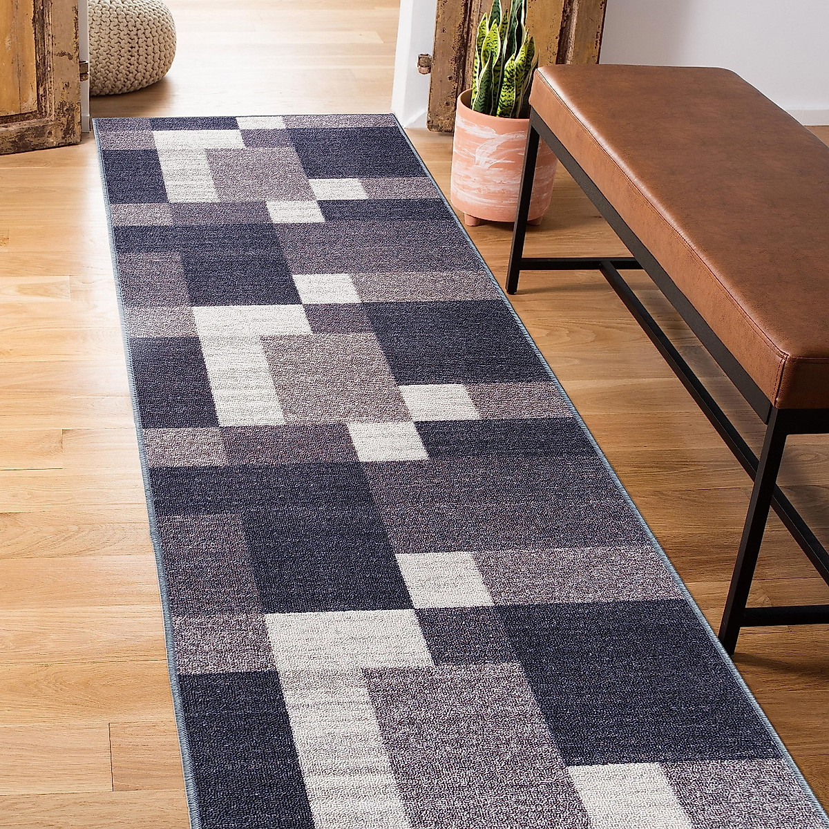 Modern Boxes Design Non-Slip (Non-Skid) Area Rug Runner 2' X 7' (22" X 84") Gray