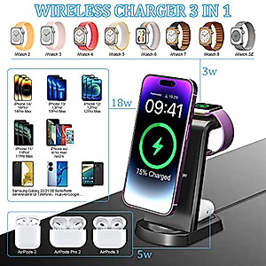 Wireless Charger 3 in 1, 18W Phone Charger Stand, Wireless Charger, Charging Station with Fast Charging Adapter for iPhone/14/13/12/11/Pro/X/Max, AirPods 3/2 Pro, Apple Watch,Samsung, Xiaomi, Huawei