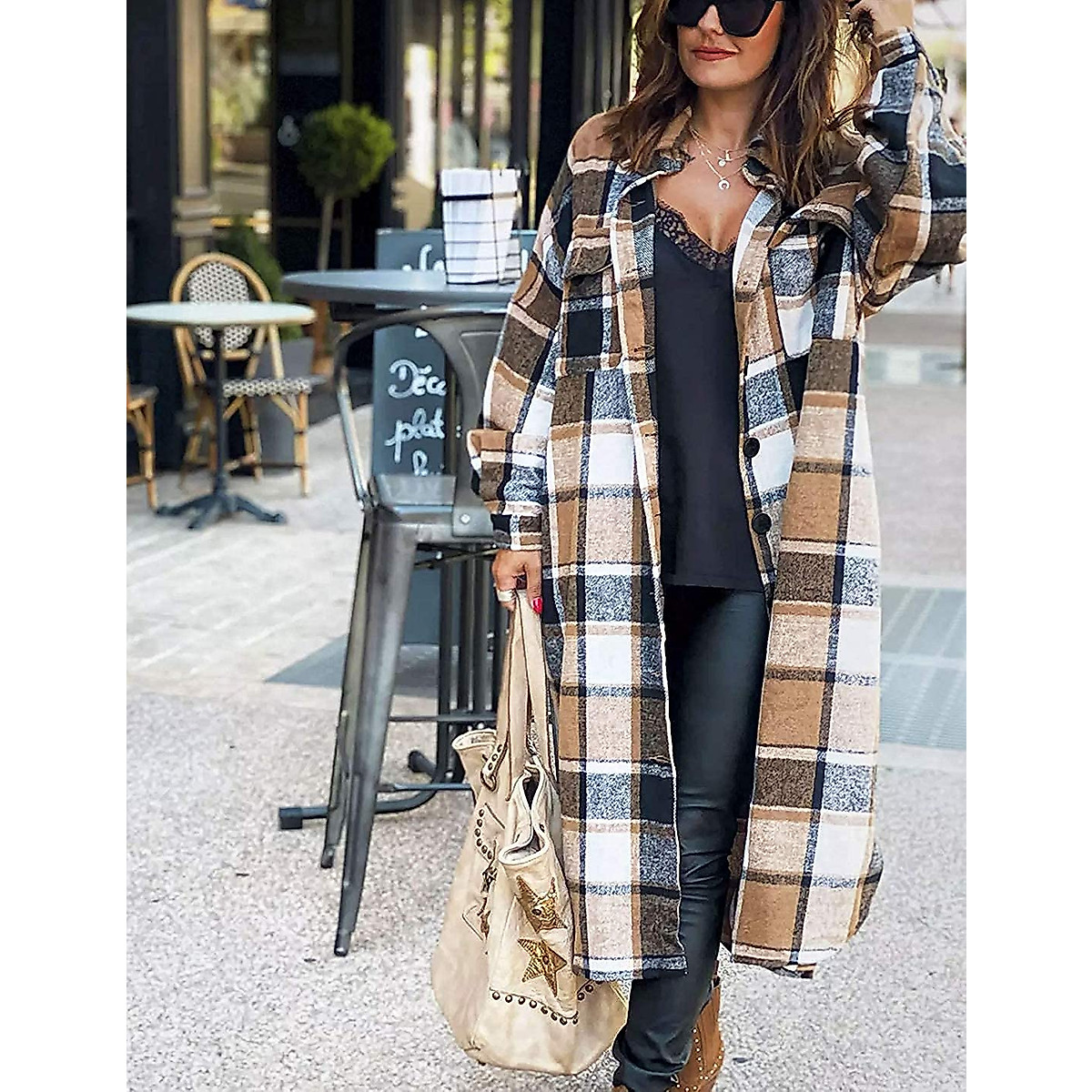 Peaceglad Women's Lounge Lapel Button Up Long Sleeve Plaid Long Shirt Jacket Shacket(Brown,M)
