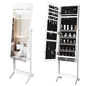 YITAHOME 2 in 1 Jewelry Cabinet with Full Length Mirror, Standing Large Capacity Jewelry Armoire Organizer with 2 Drawers, 3 Angle Adjustable, White