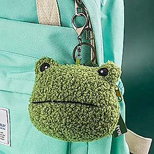 Cute Green Plush Frog Coin Purse Kawaii Frog Coin Wallets Pouch Plush Keychain for Headset Key Credit Card Holder Storage Bag