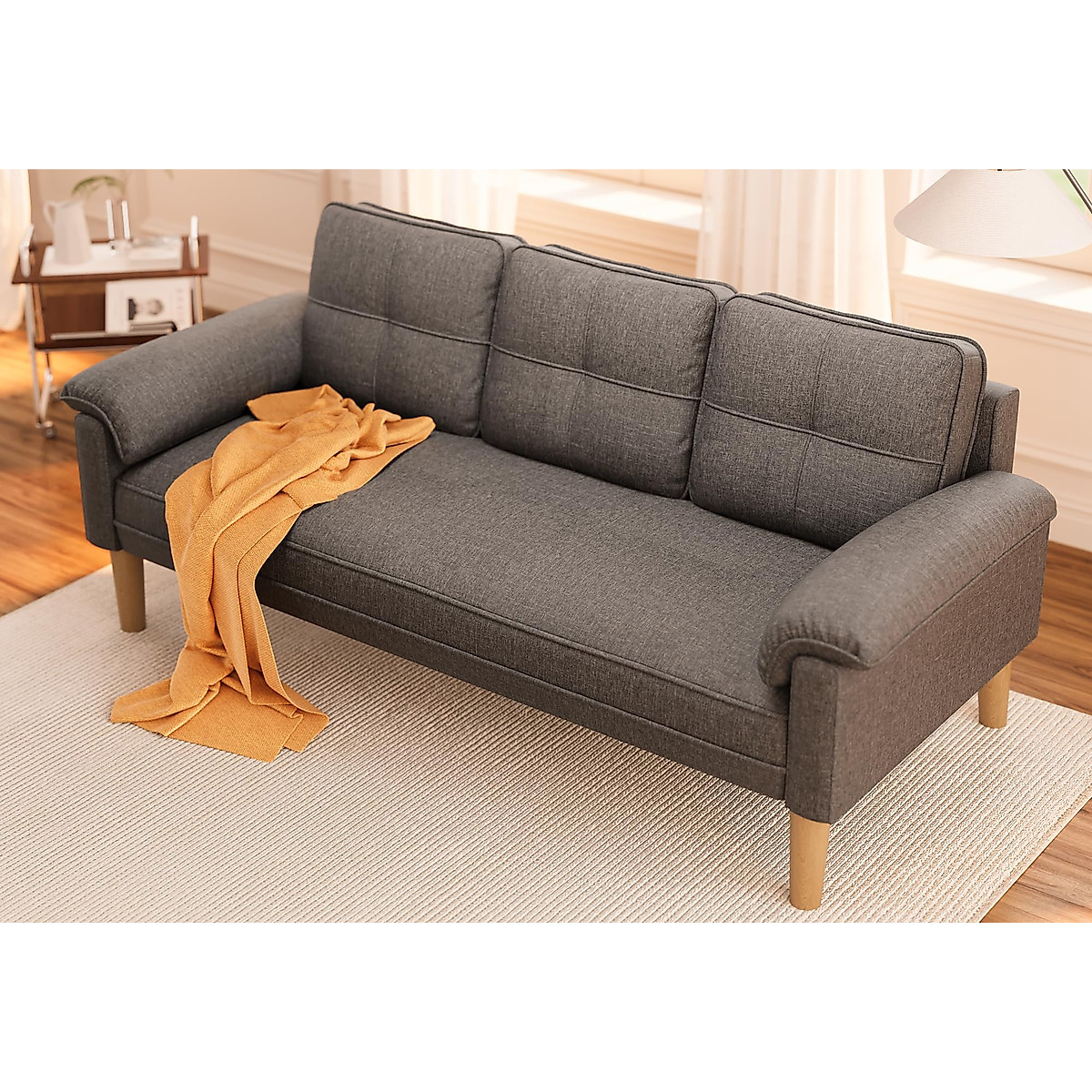 Ahomly 3-Seater Couch, 69 Inch with Extra Deep Seat, Padded Armrests, Solid Wood Legs for Living Room, Dark Gray