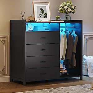 VIAGDO Dresser for Bedroom with Clothes Rail, Chest of 4 Drawers with LED Lights, Modern Black Dresser with Open Storage Space for Bedroom Entryway, Large Capacity