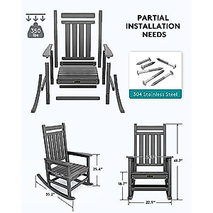 SERWALL Outdoor Rocking Chair Set of 2, HDPE Rocking Chairs for Adult, All Weather Porch Rockers for Lawn Garden, Grey