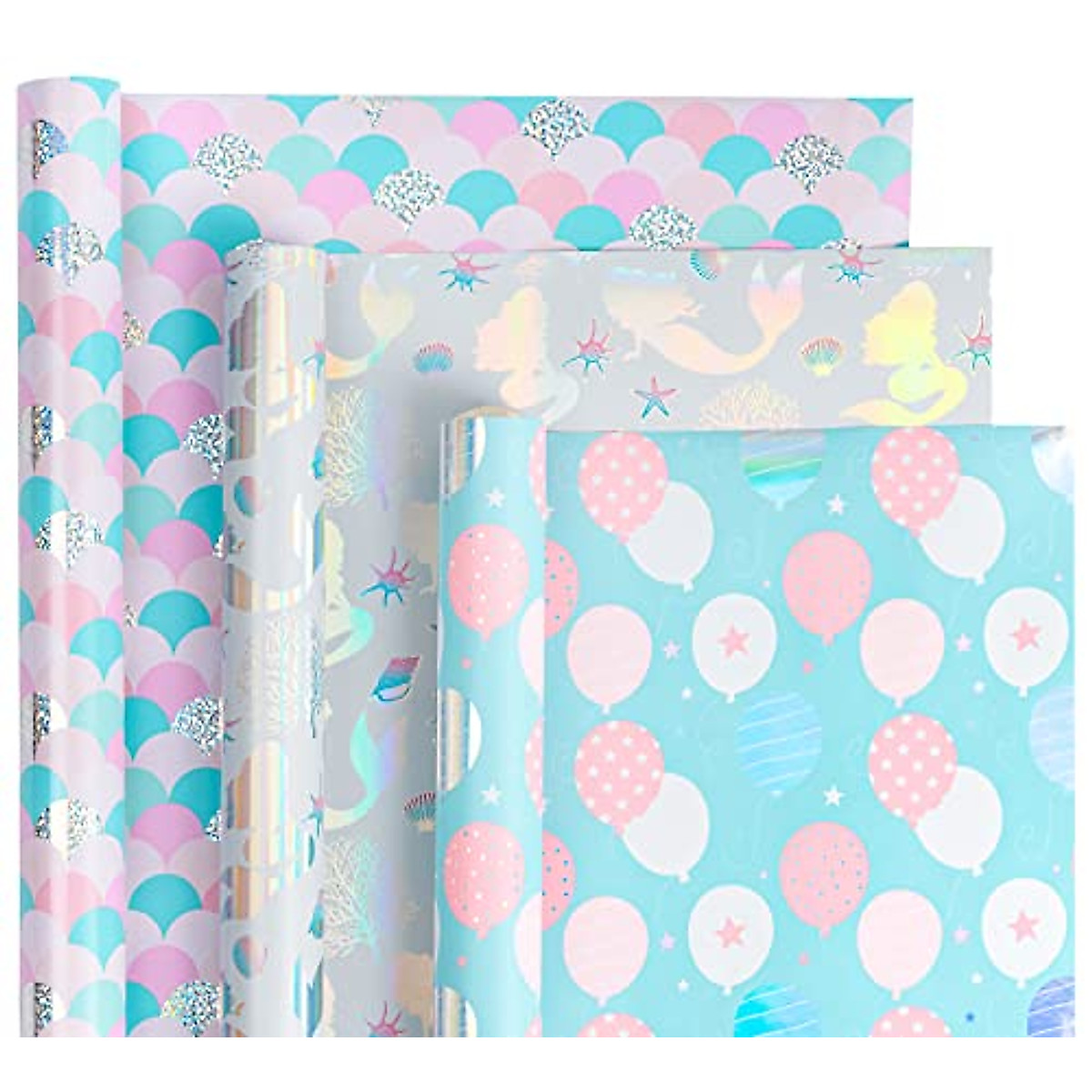 WRAPAHOLIC Wrapping Paper Roll - Mini Roll - 3 Rolls - 17 Inch X 120 Inch Per Roll - Mermaid Scale and Jellyfish Design with Colorful Foil for Birthday, Holiday, Baby Shower