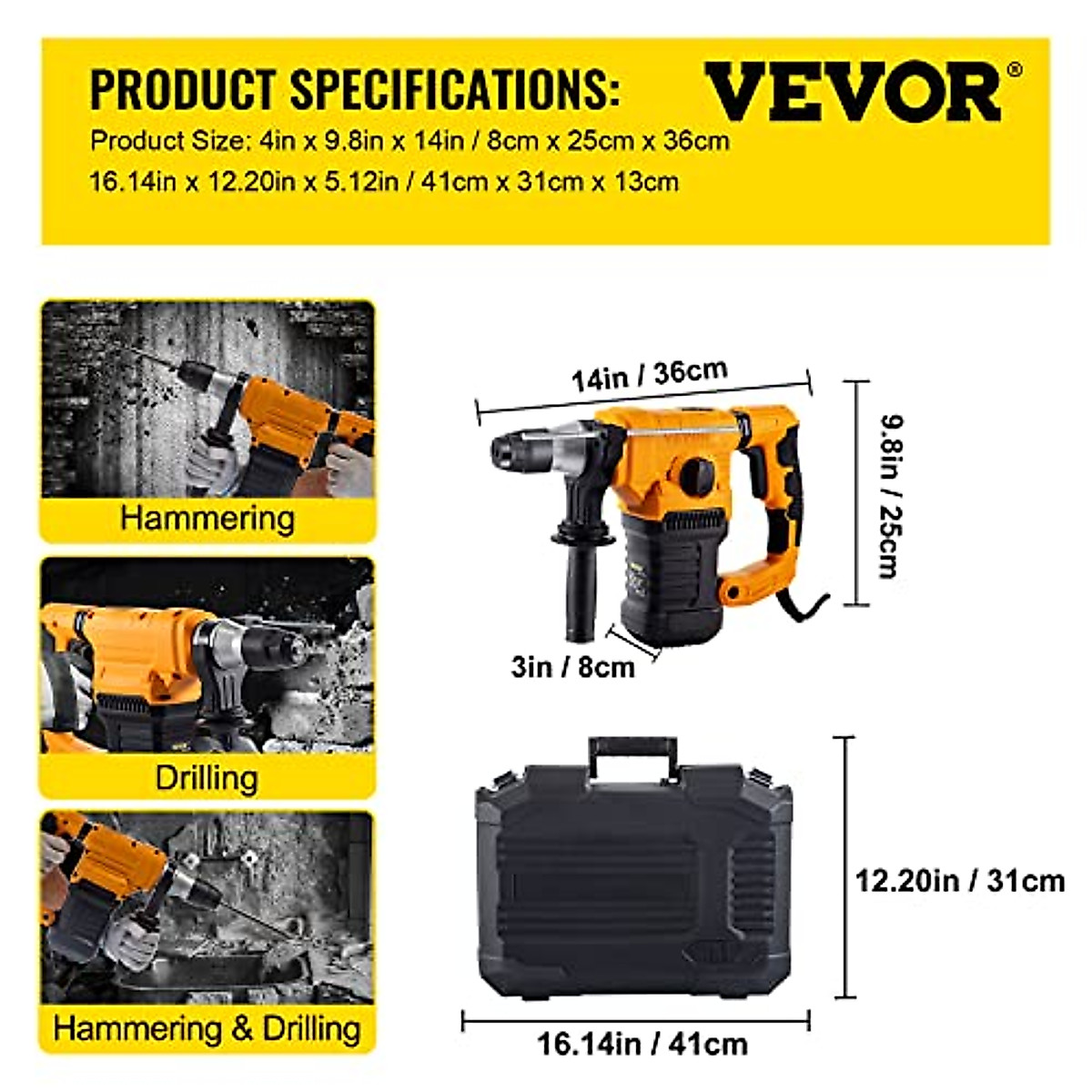 VEVOR Hammer Drill, 1500W 1.26", 13A Rotary Hammer with 3-Mode for Hammering & Drilling Concrete, SDS Plus Breaking Machine with Case, Bits, Chisels and Vibration Control System
