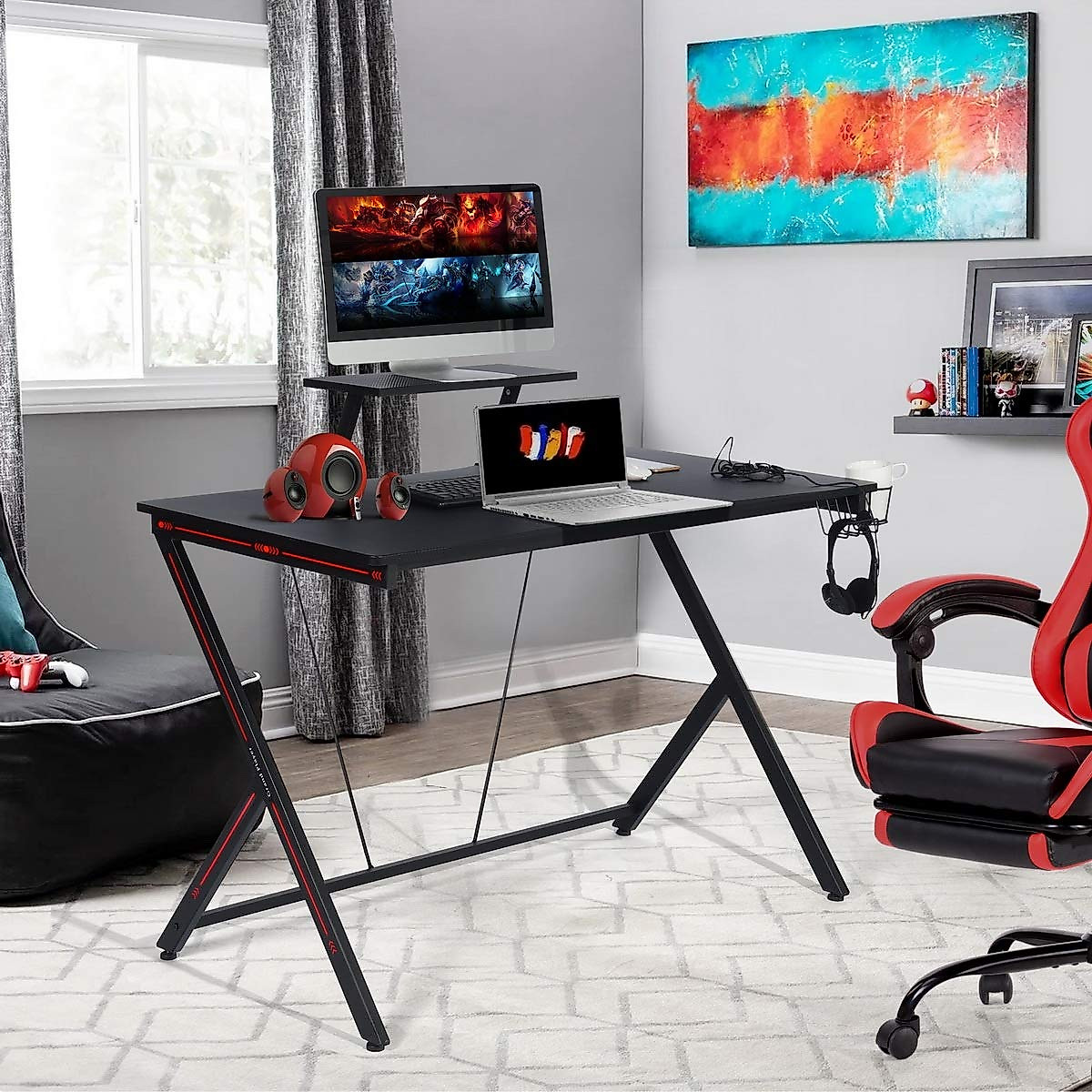 FurnitureR 47'' Gaming Desk with Monitor Stand Computer Gaming Table Home Office Desk with Cup Holder and Headphone Hook, Modern Simple Gamer Game Table, Black